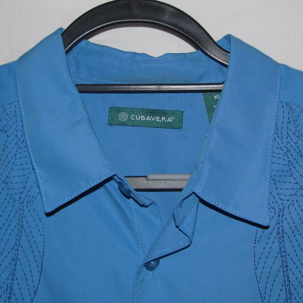 Mens' Cubavera Blue Embroidered Leaf Pattern Hawaiian… - Gem